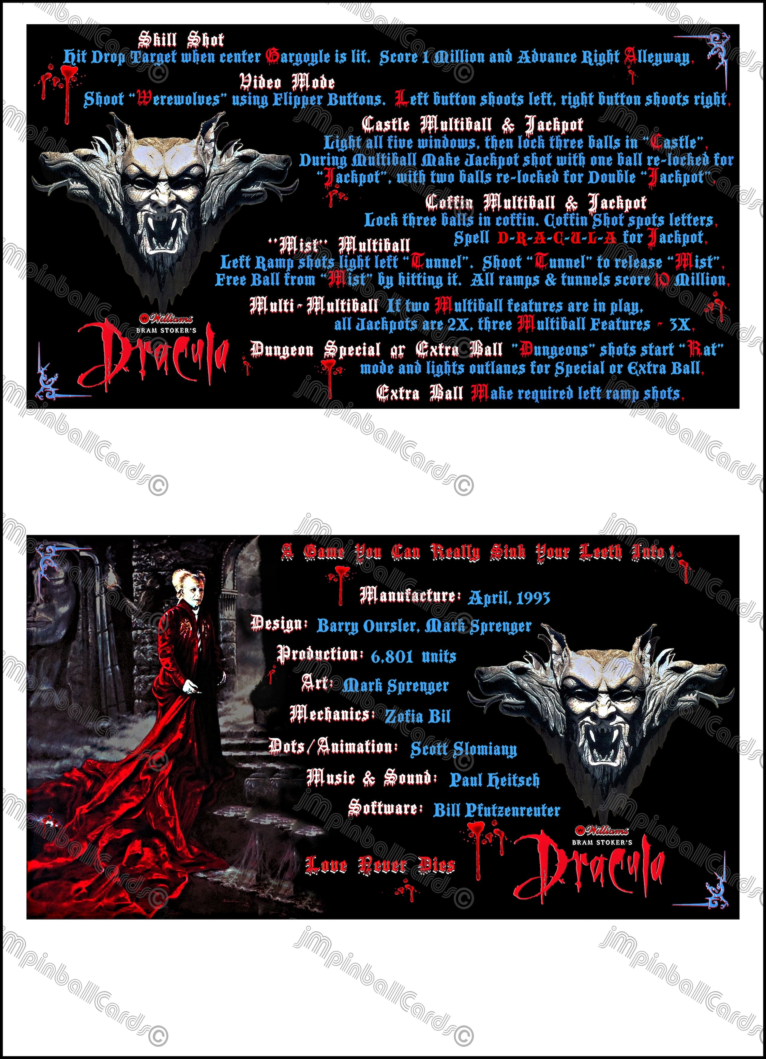Williams Bram Stokers Dracula 1993 Game Cards Instructions Flipper Cus ...