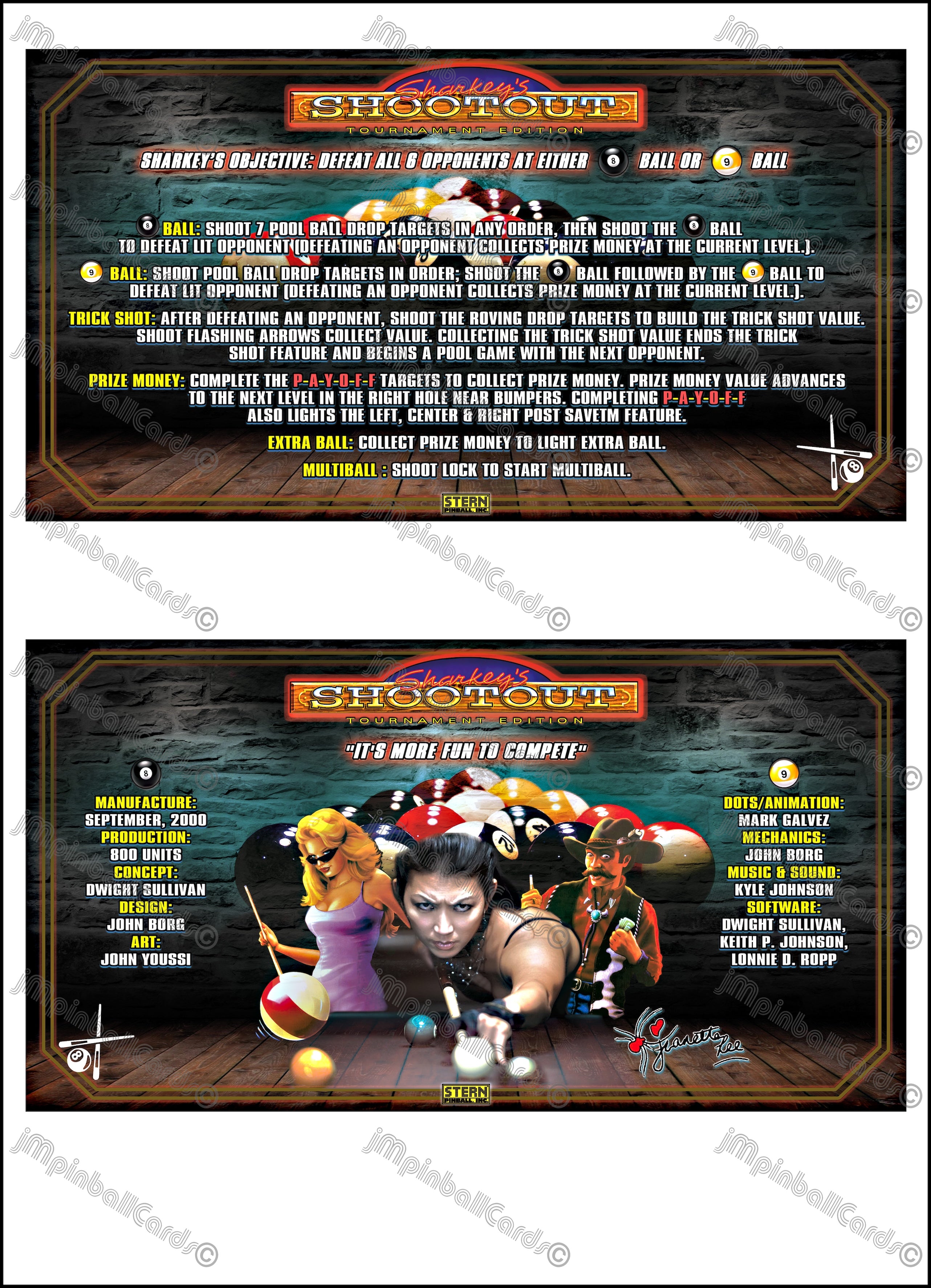 Stern Sharkey's Shootout 2000 Game Cards Instructions Pinball Custom A ...