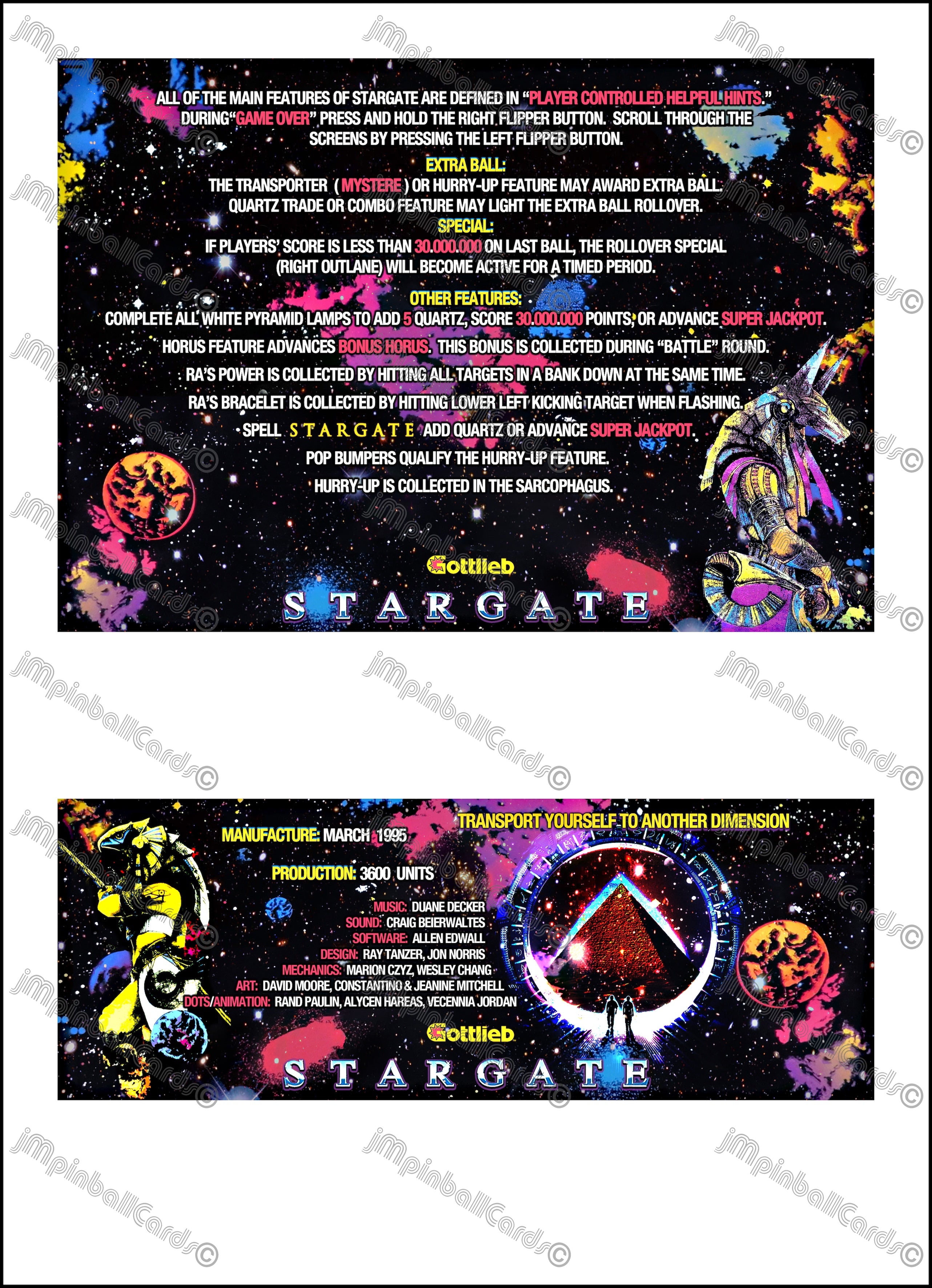 Gottlieb Stargate 1995 Game Cards Instructions Pinball Custom Apron Pr ...
