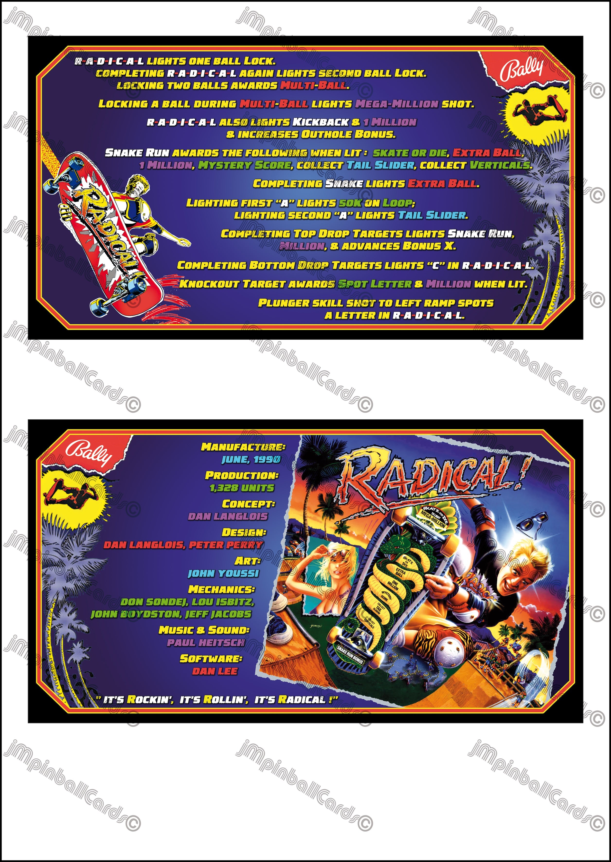 Bally Radical 1990 Game Cards Instructions Pinball Custom Apron Printe ...