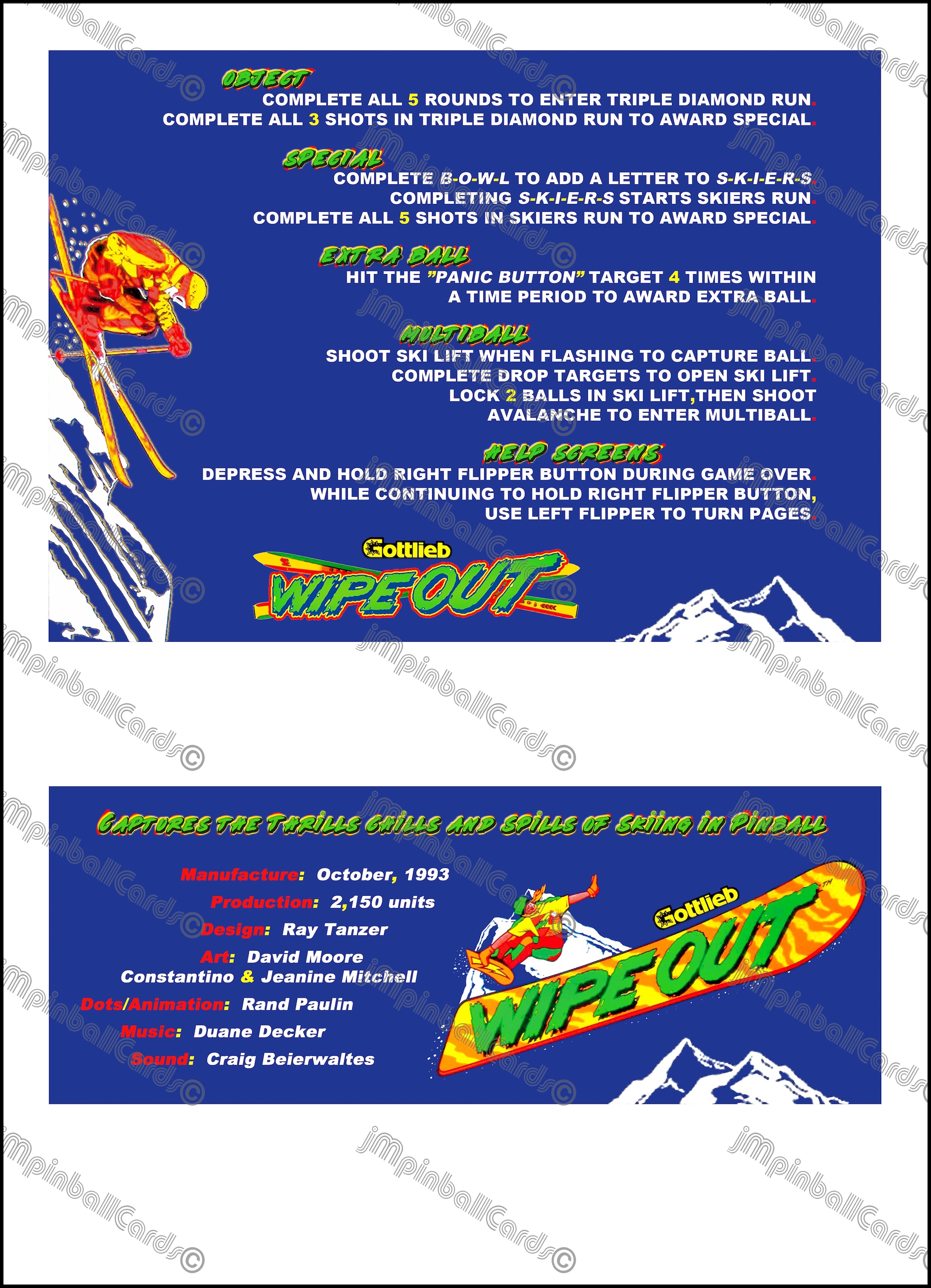 Gottlieb Wipe Out 1993 Game Cards Instructions Pinball Custom Apron Pr ...