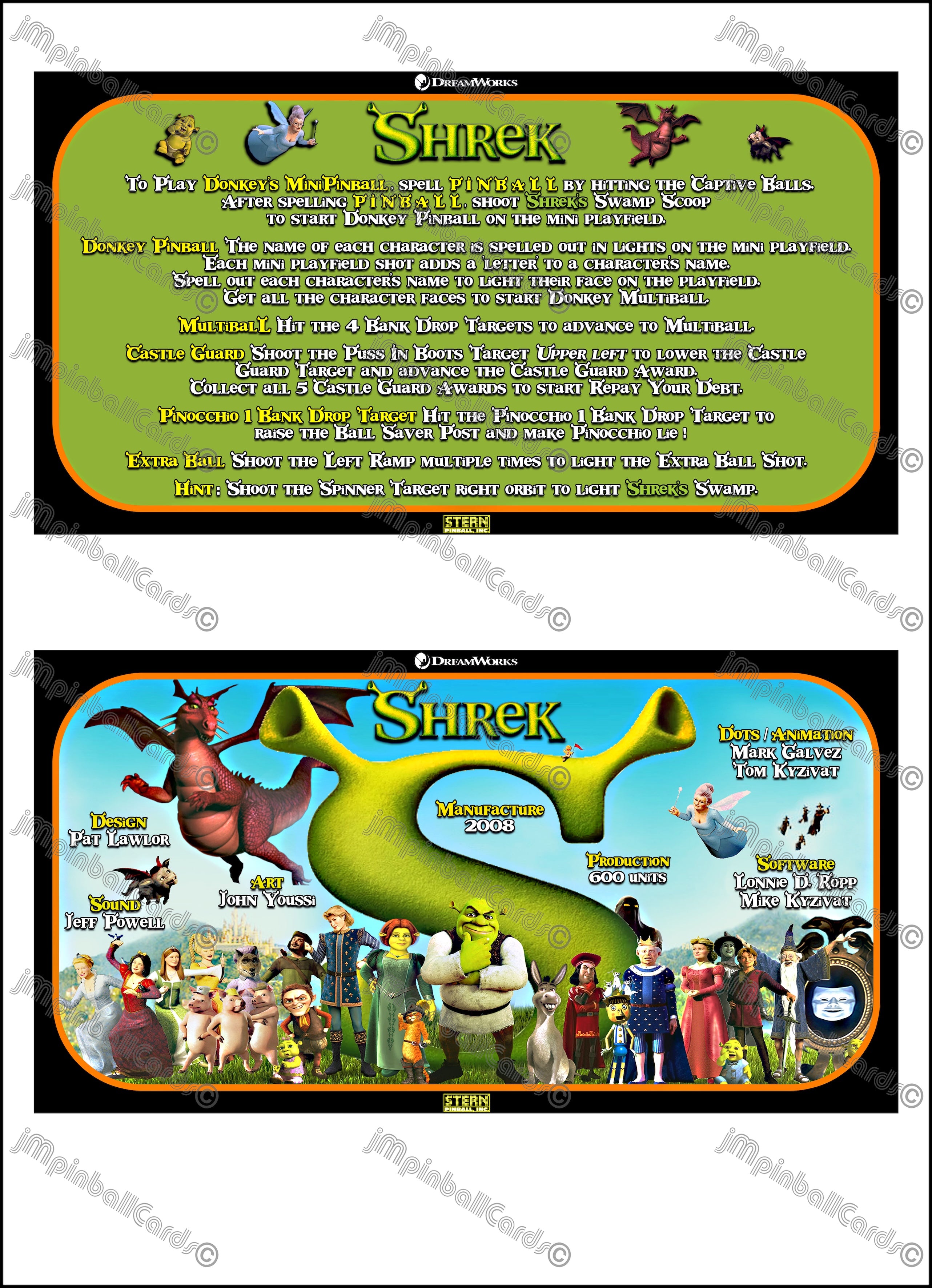 Stern Shrek 2008 Jeu Cartes Instructions Flipper Custom Apron règles i ...
