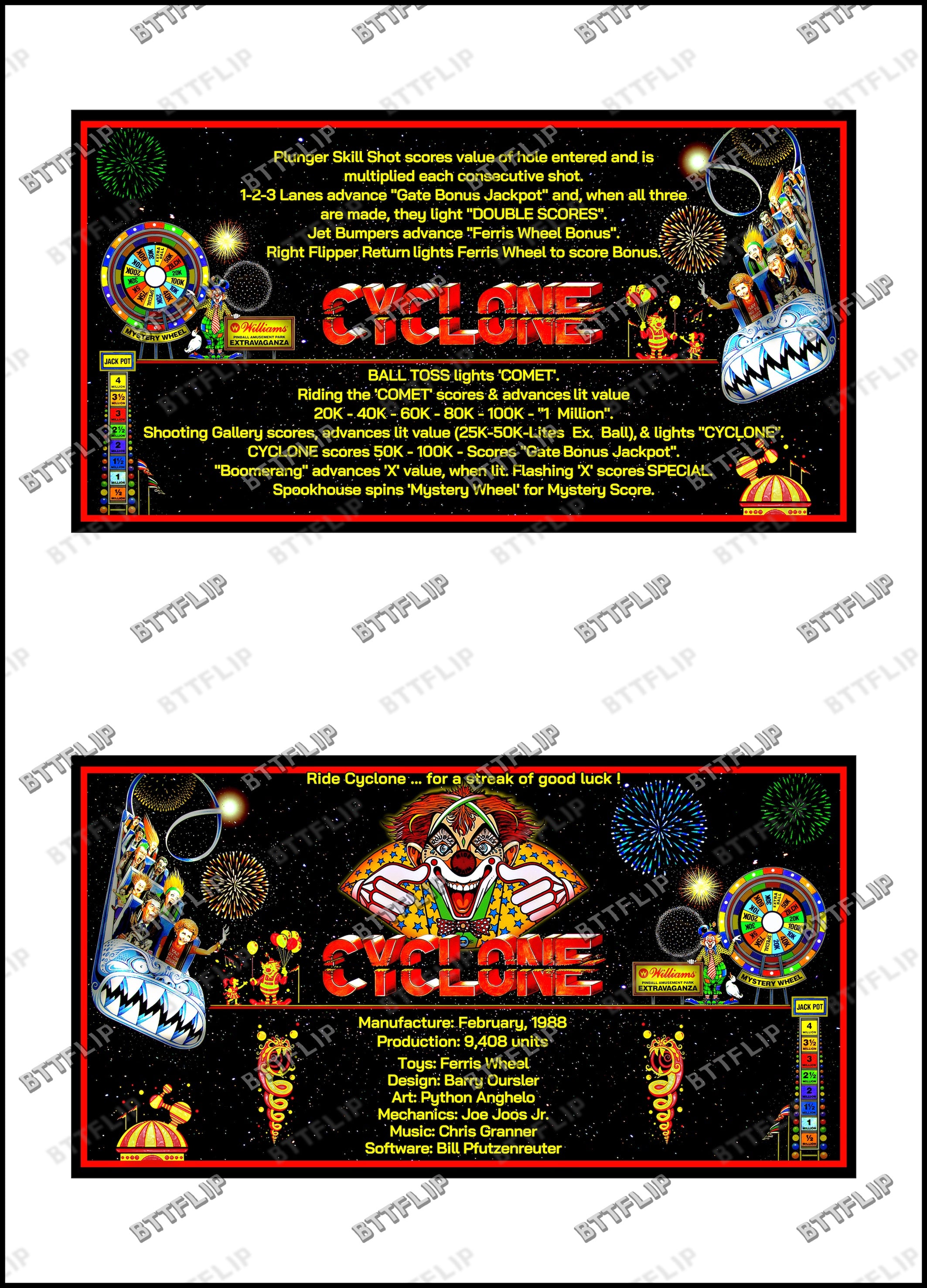 Williams Cyclone 1988 Jeu Cartes règles Instructions Flipper Custom Ap ...