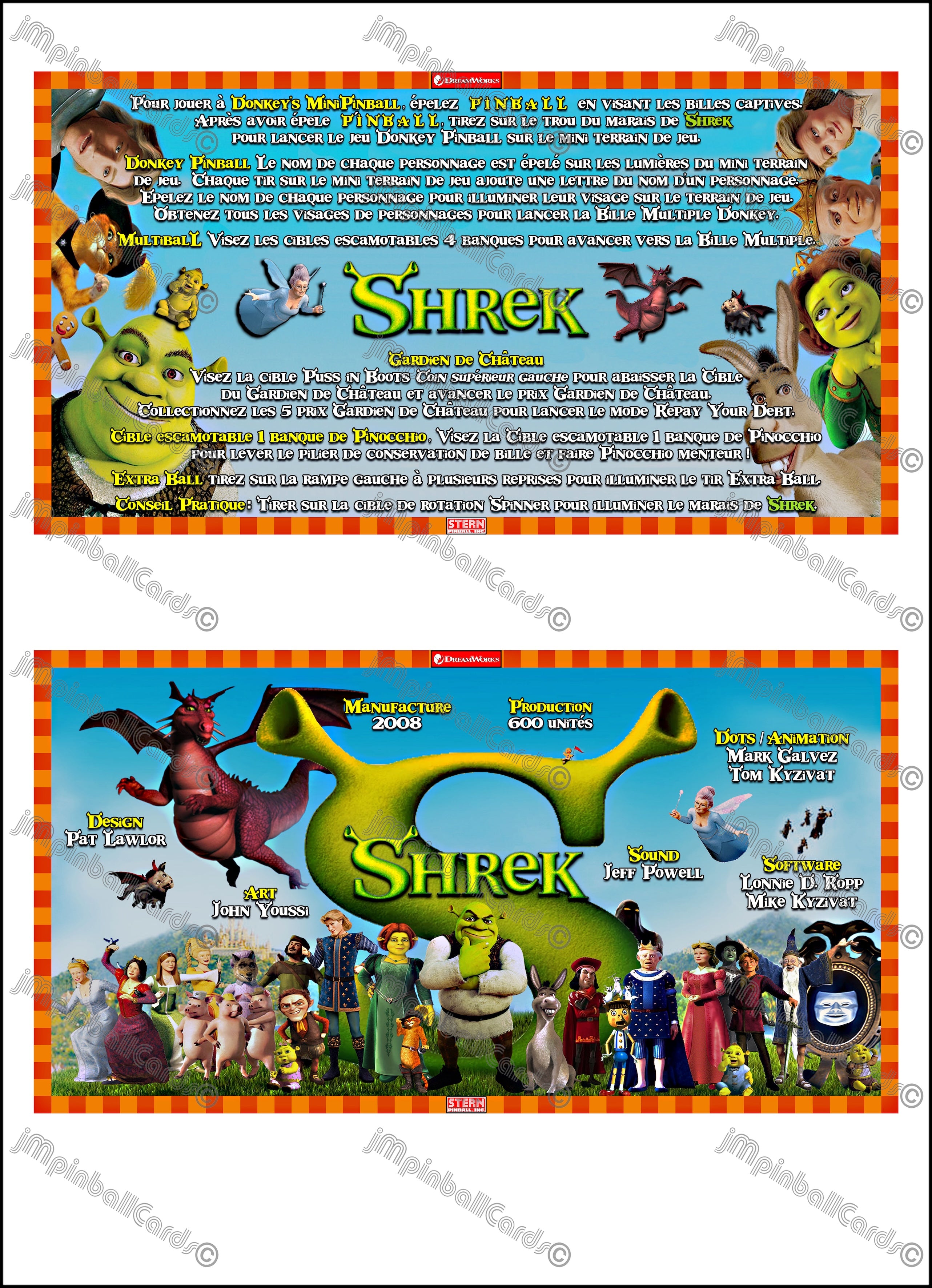 Stern Shrek 2008 Jeu Cartes Instructions Flipper Custom Apron règles i ...