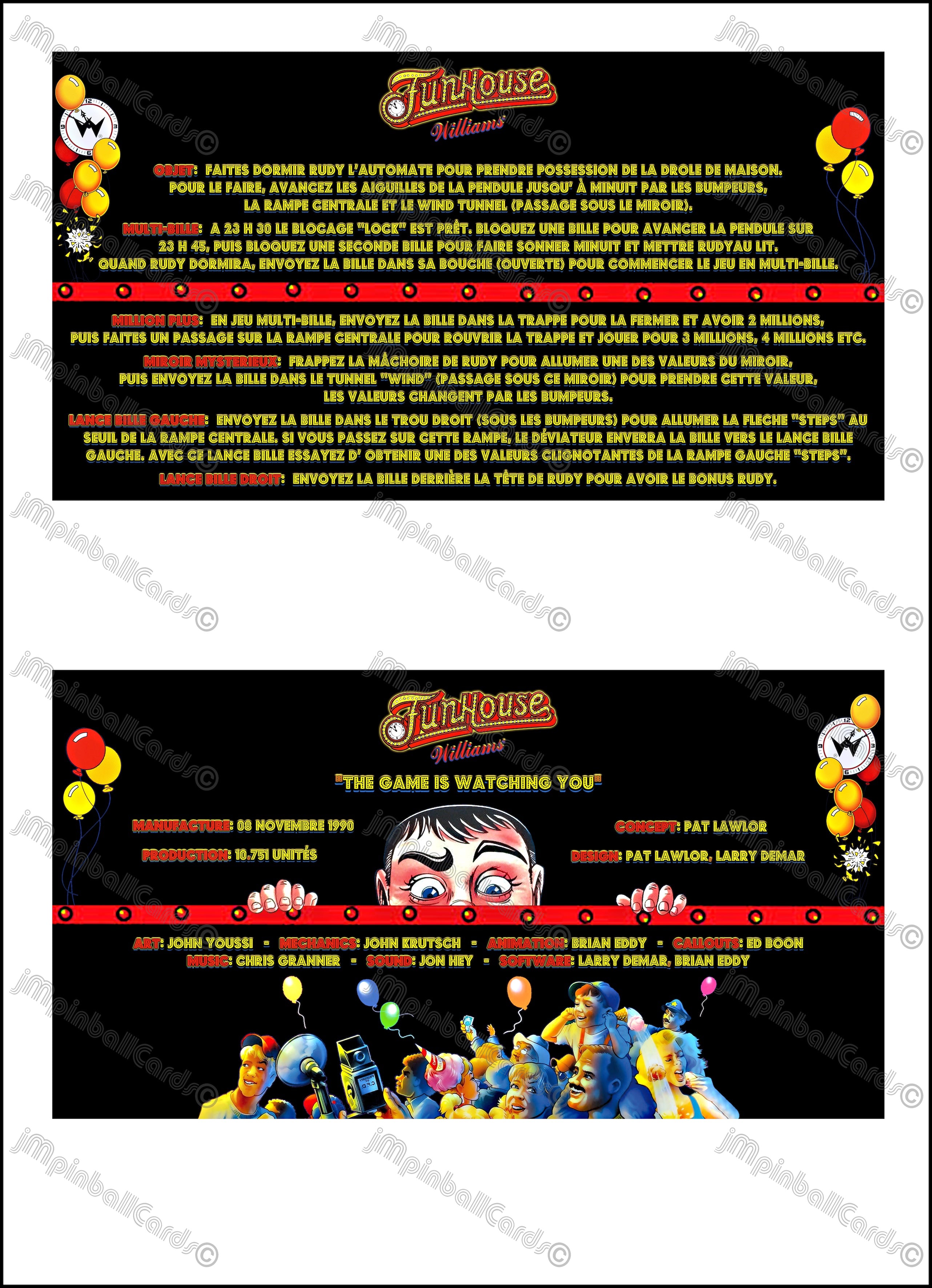 Williams Funhouse 1990 Jeu Cartes Instructions Flipper Custom Apron rè ...