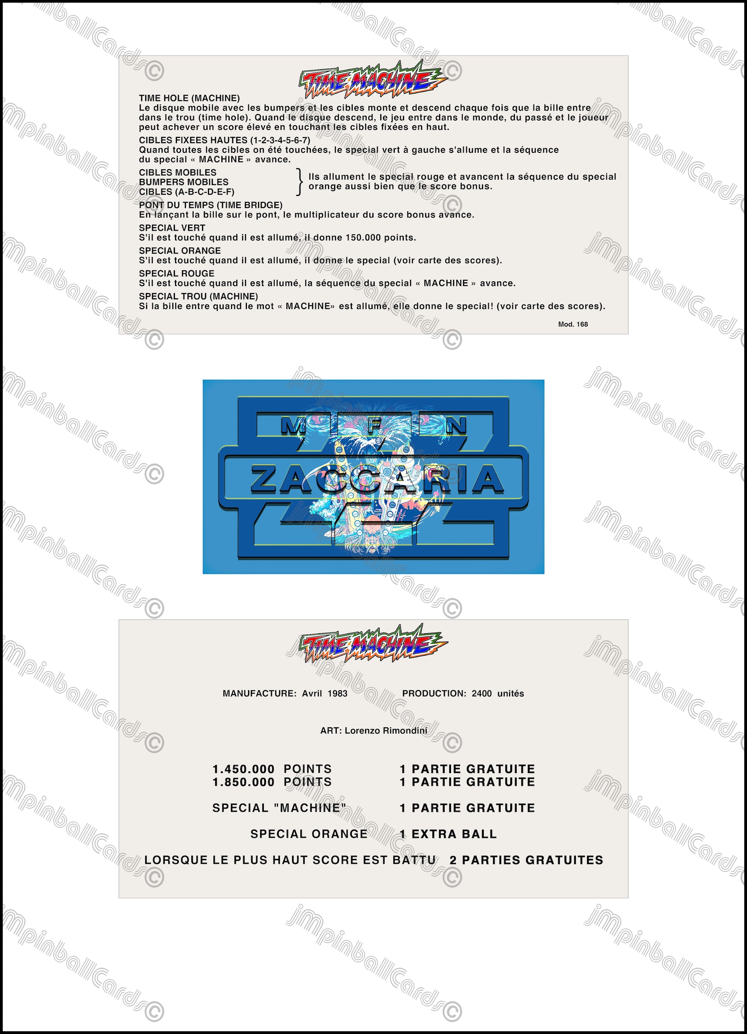 Zaccaria Time Machine 1983 Set Cards Instructions Flipper Custom Apron ...